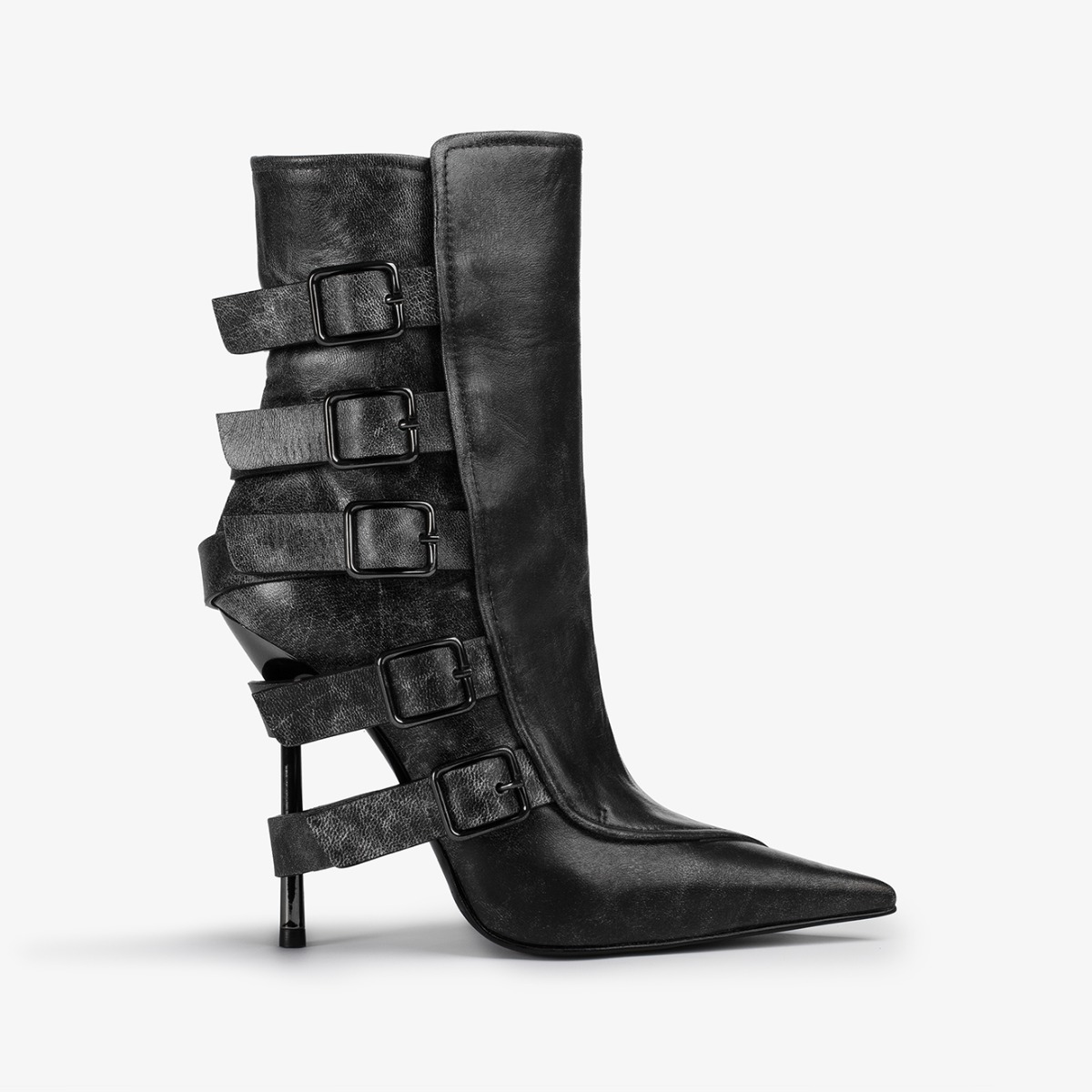 Black vintage effect leather ankle boot with buckles - Le Silla