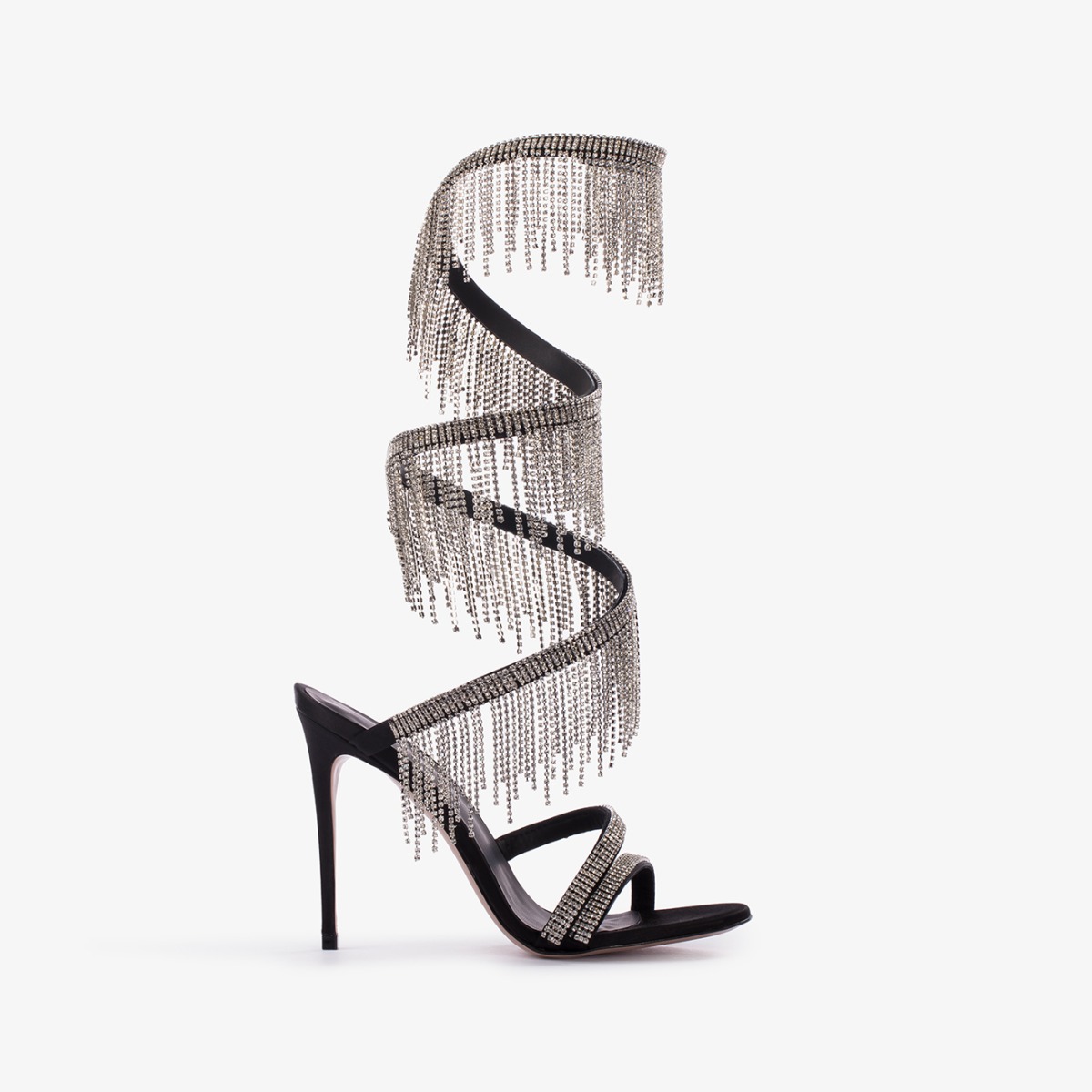 Black satin sandal with silver fringes - Le Silla